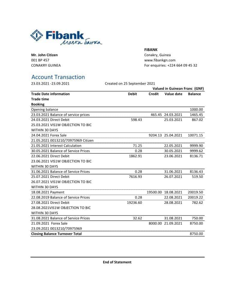 Guinea Fibank Bank Statement Template In .xls And .pdf File Format