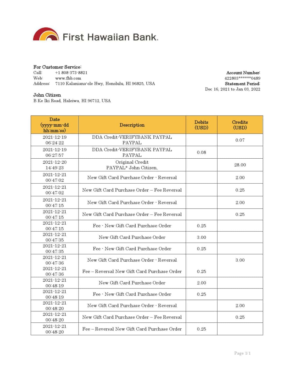 Hawaii First Hawaiian Bank Statement Bank Statement Template In Word ...