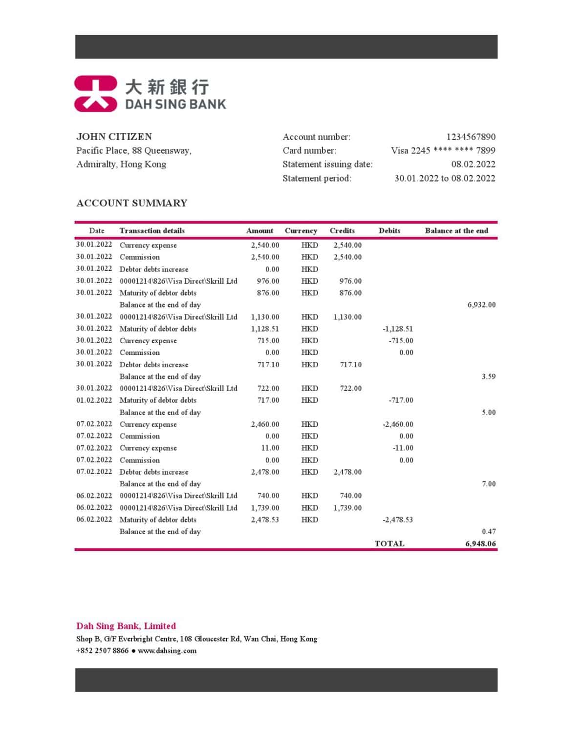 Hong Kong DAH Sing Bank Statement Excel And PDF Template