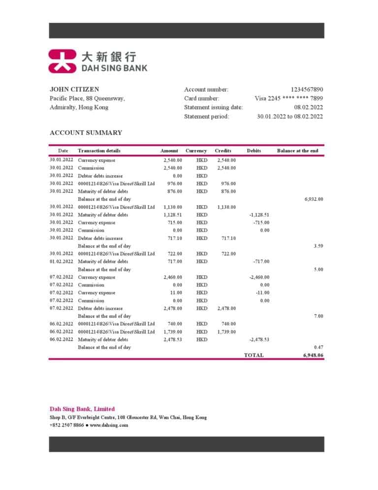 Hong Kong DAH Sing Bank Statement Excel And PDF Template