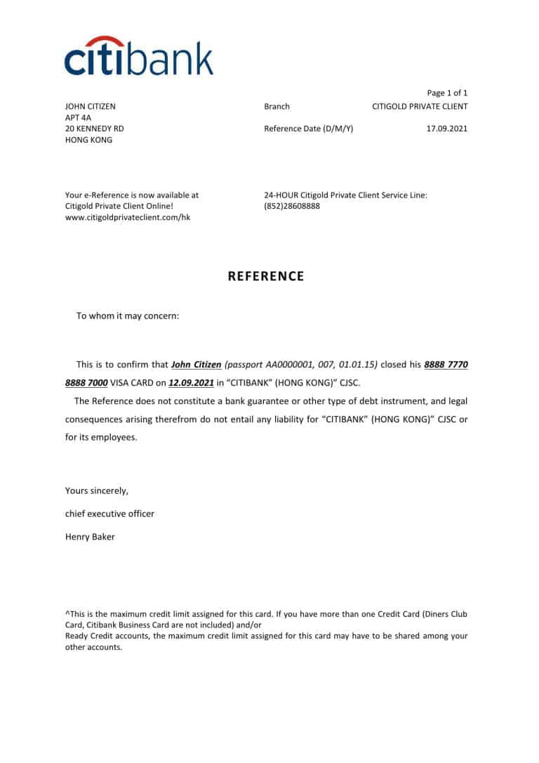 Download Hong Kong Citibank Bank Reference Letter Templates | Editable Word