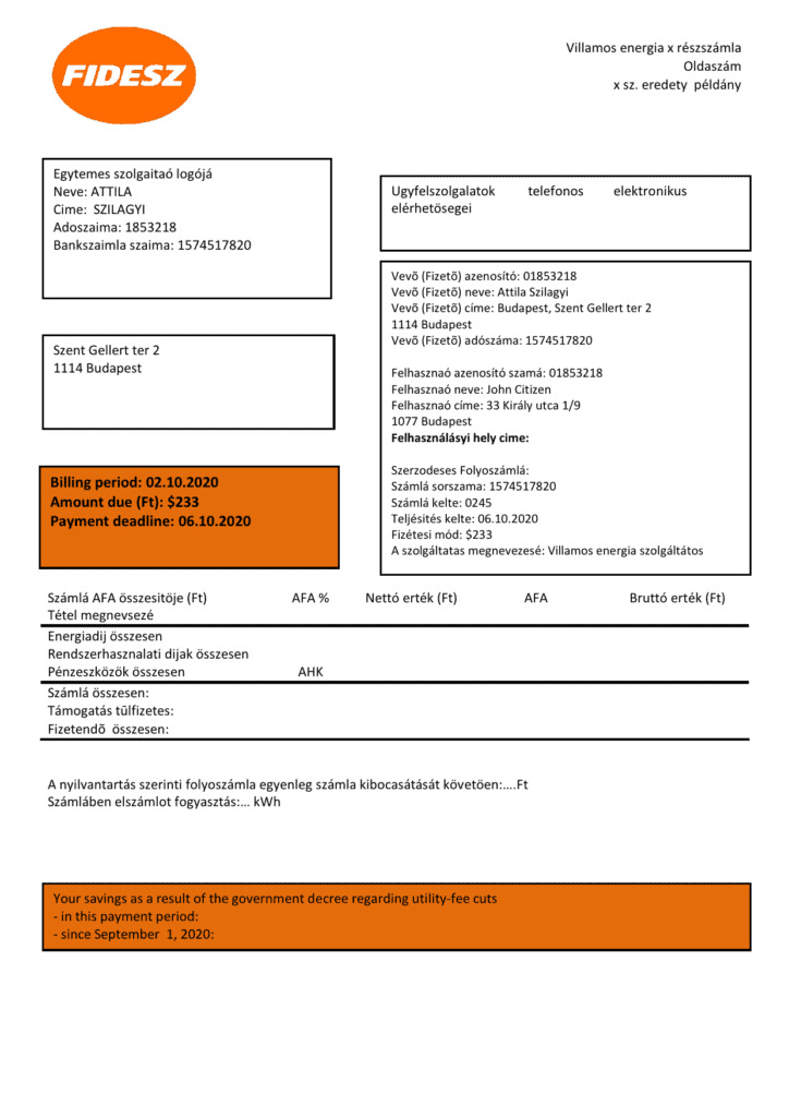 Hungary FIDESZ Easy To Fill Utility Bill Template In Word And PDF Format