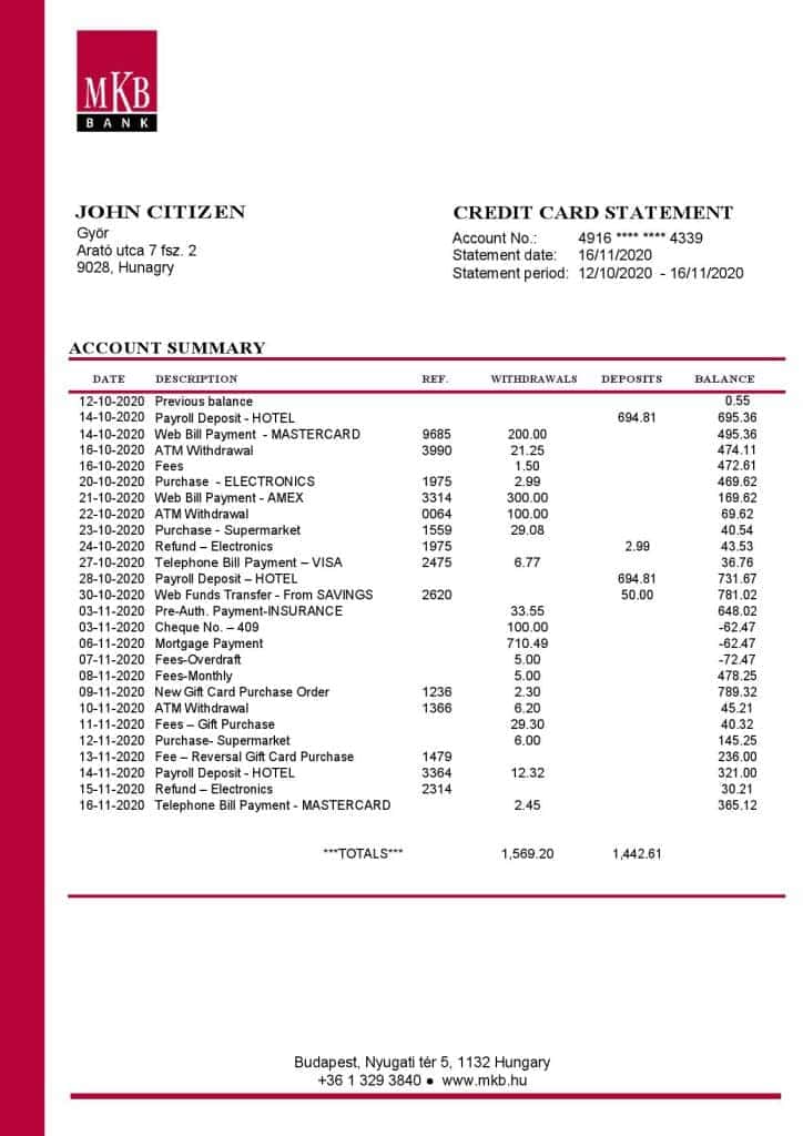 Hungary MKB Bank Statement Template In Word And PDF Format | Mr. Verify