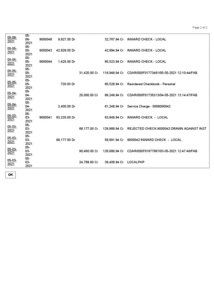India Finacle Bank Statement In Word And PDF Format (2 Pages)
