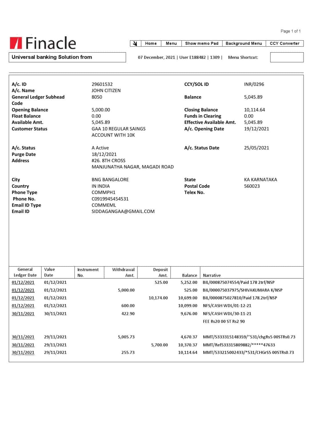 India Finacle Bank Statement Easy To Fill Template In Word And PDF Format