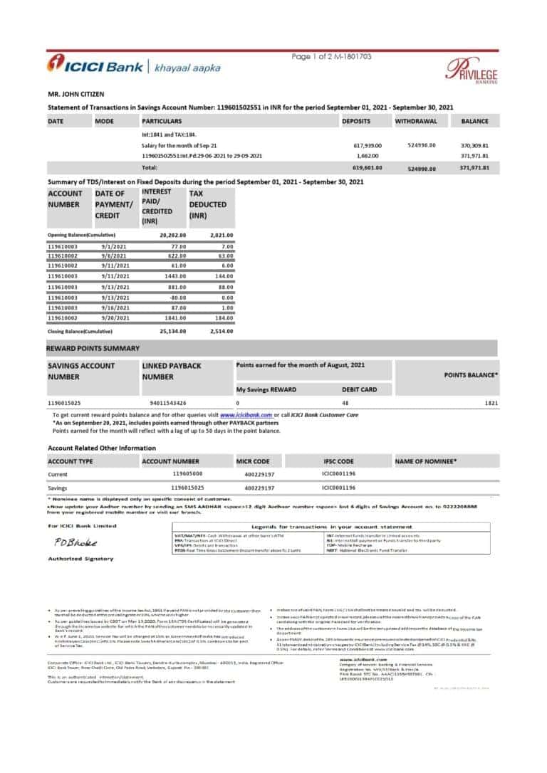 India ICICI Bank Statement Template In Excel And PDF Format (2 Pages)