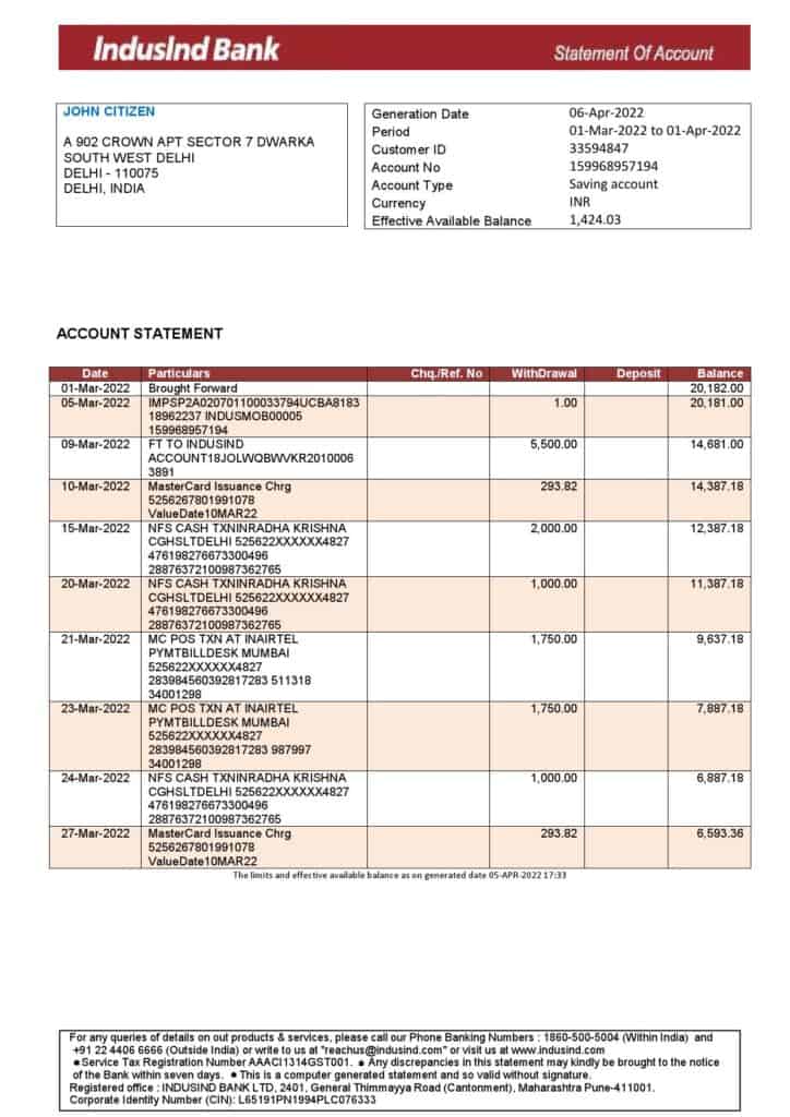 India IndusInd Bank Statement Template