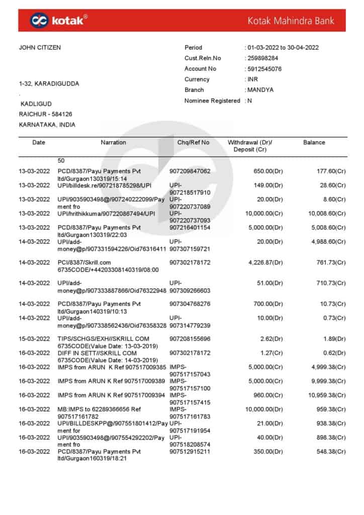 India Kotak Mahindra Bank Statement Template