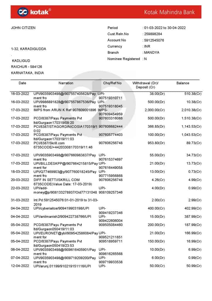 India Kotak Mahindra Bank Statement Template