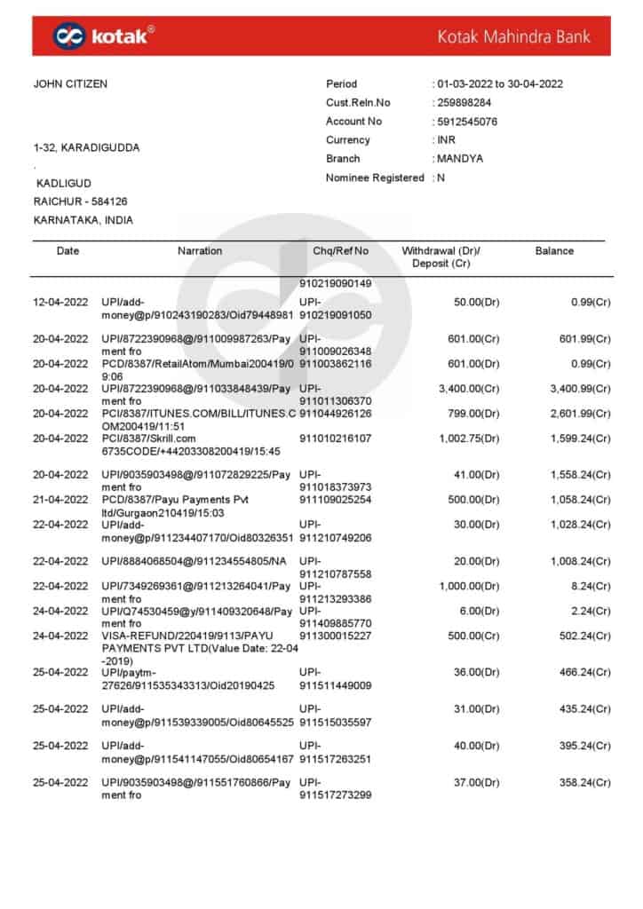 India Kotak Mahindra Bank Statement Template