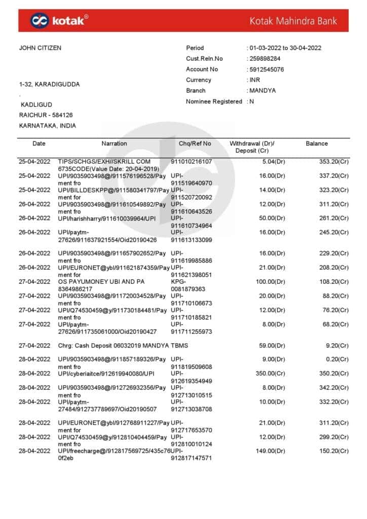 India Kotak Mahindra Bank Statement Template