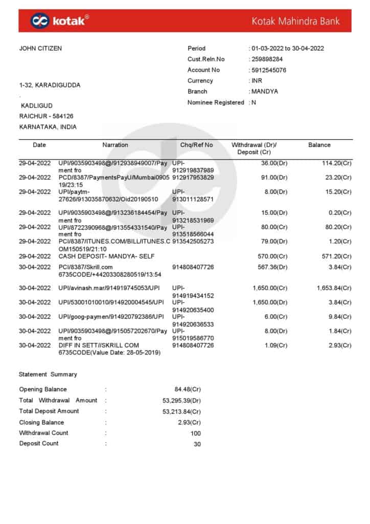 India Kotak Mahindra Bank Statement Template