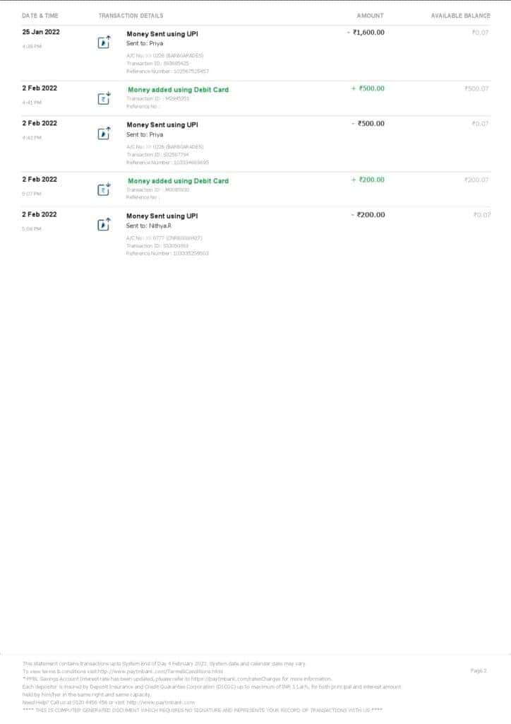 India Paytm Payments Bank Statement Word And PDF Template, 2 Pages