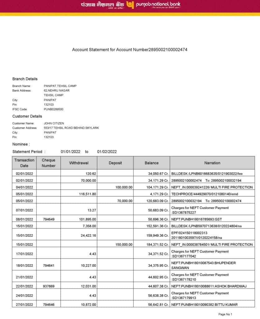 India Punjab National Bank Statement Template