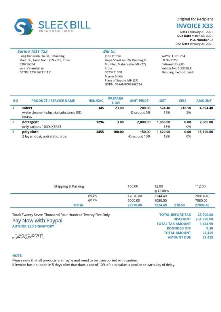 High-Quality India Sleek Bill Invoice Template PDF | Fully Editable ...