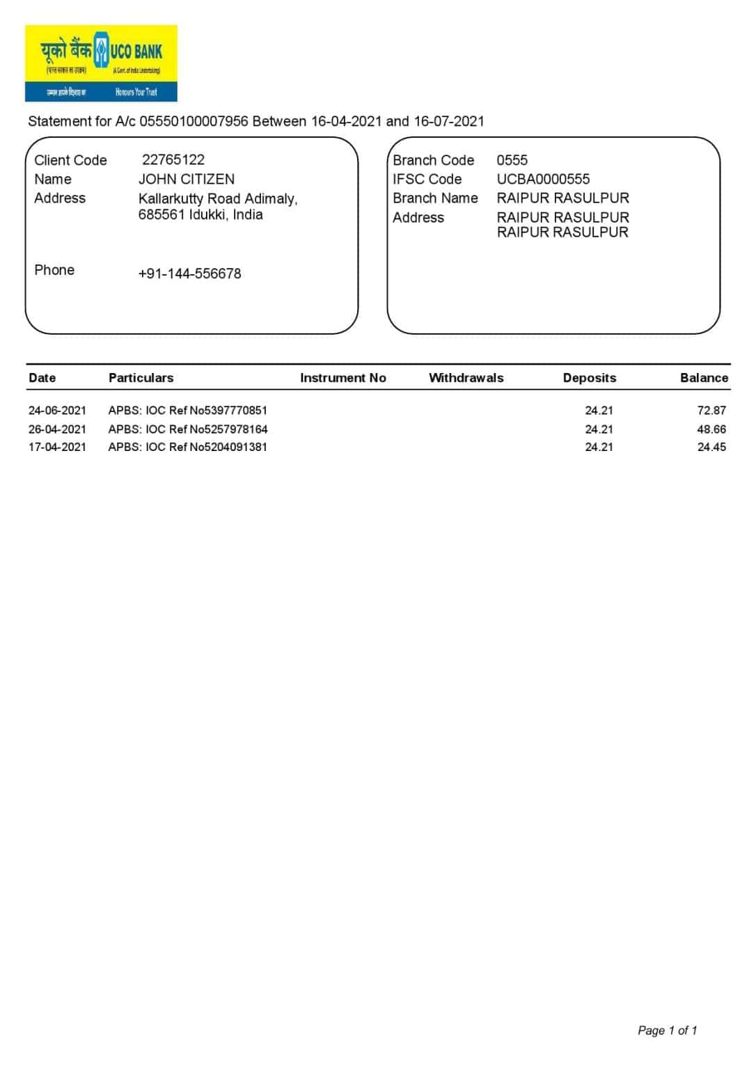 India UCO Bank Statement Template In Word And PDF Format