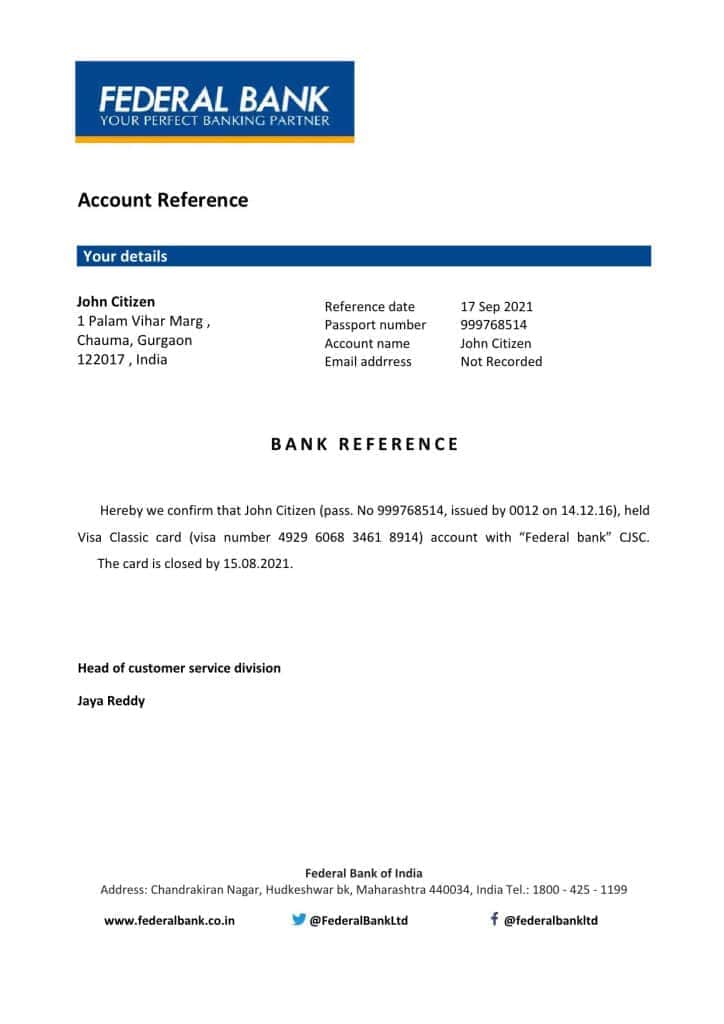 Download India Federal Bank Reference Letter Templates | Editable Word