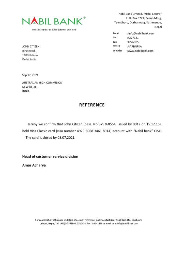 Download India Nabil Bank Reference Letter Templates | Editable Word