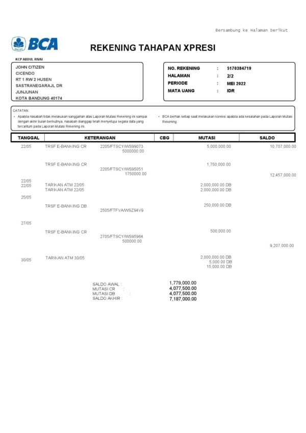 Indonesia BCA Bank Statement, Word And PDF Template, 6 Pages