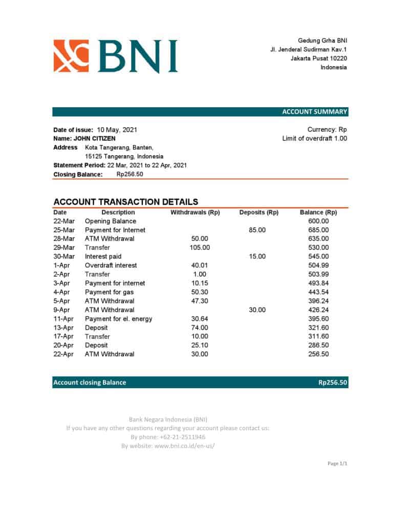 Indonesia Bank Negara Indonesia (BNI) Bank Statement Easy To Fill ...