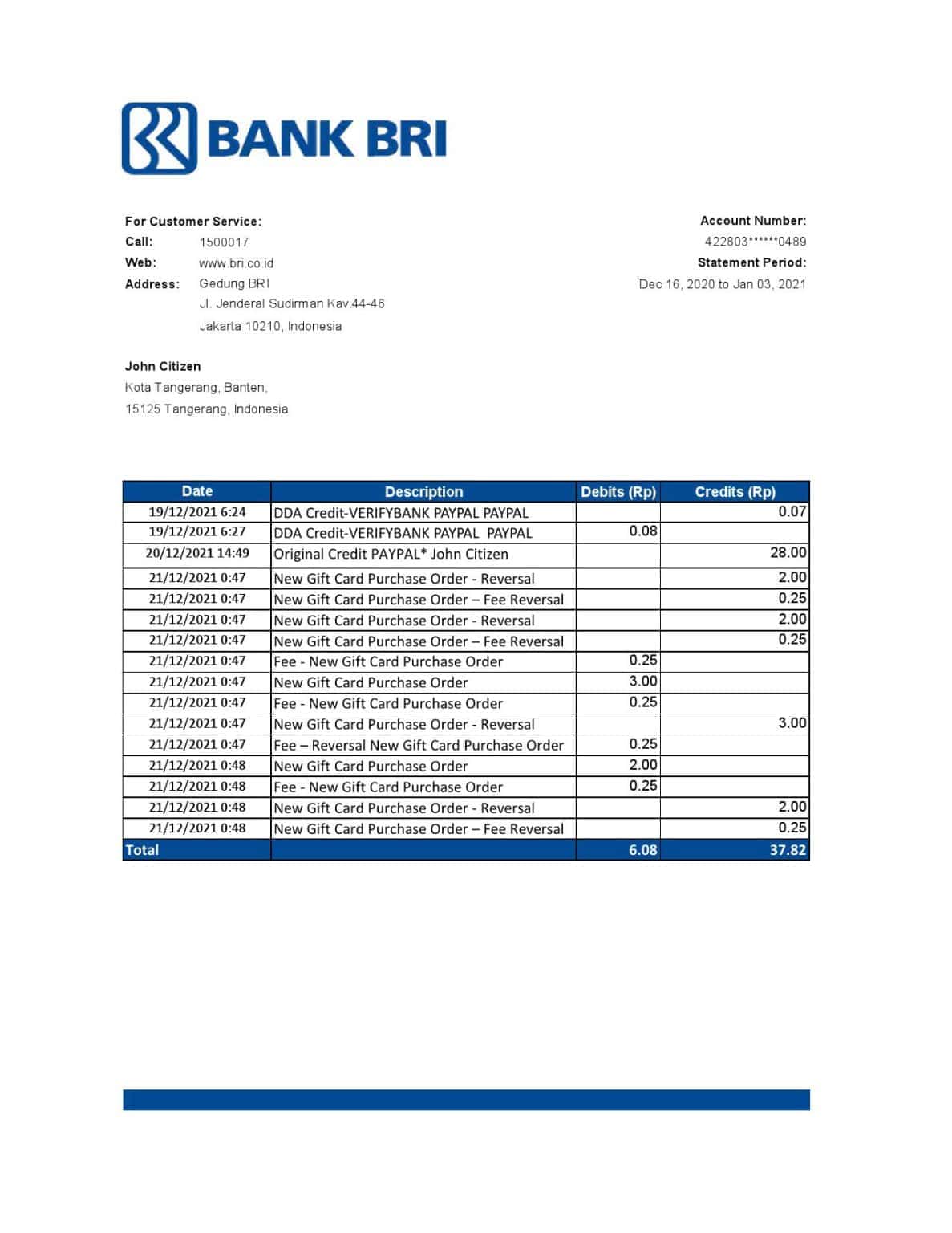 Indonesia Bank Rakyat Indonesia (BRI) Bank Statement Template In .xls ...