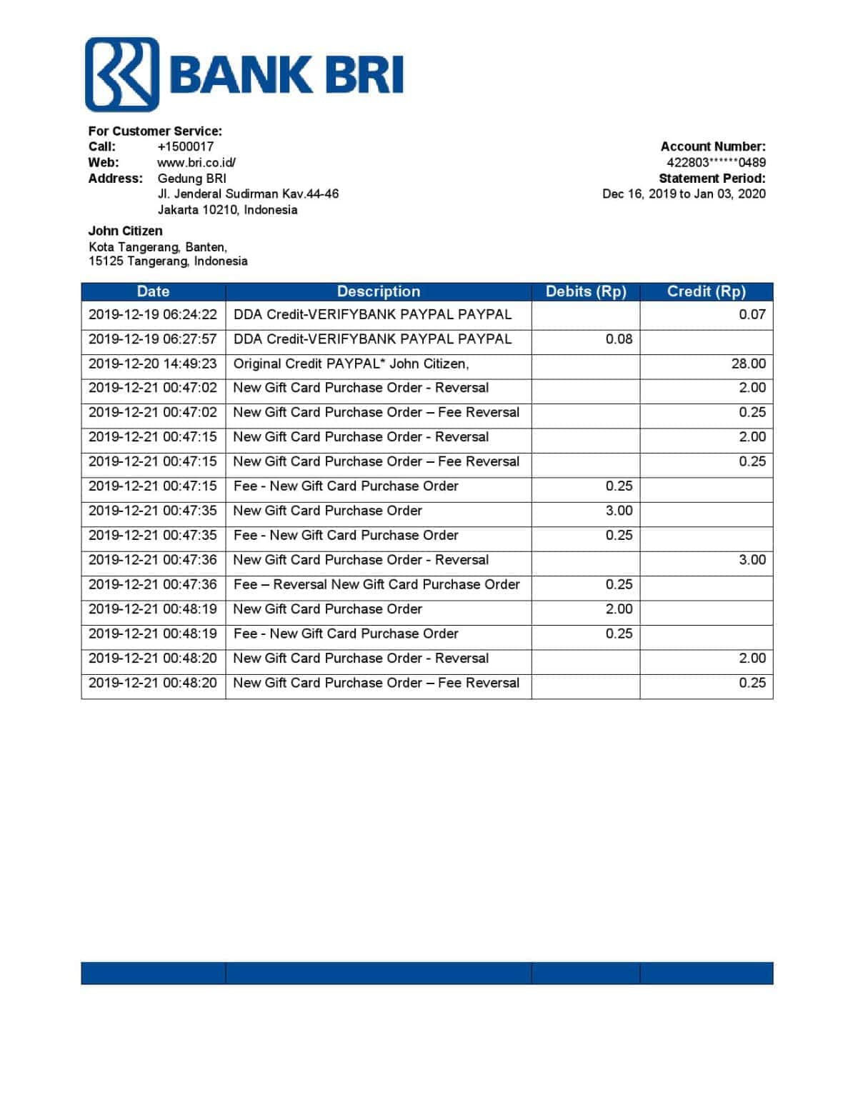 Indonesia Bank Rakyat Indonesia (BRI) Easy To Fill Bank Statement In Word And PDF (.doc And .pdf ...