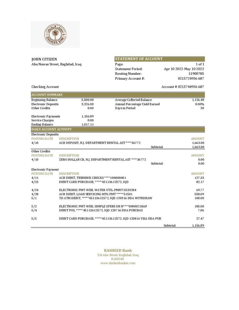 Iraq Rasheed Bank Statement Excel And PDF Template