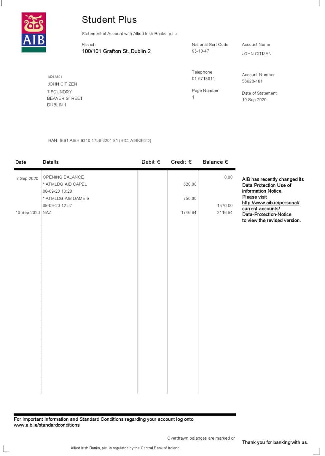 Ireland AIB Bank Statement Template In Word And PDF Format
