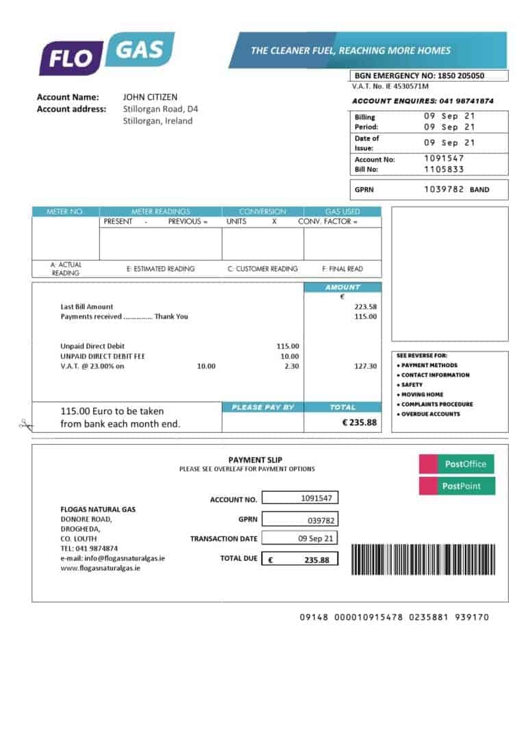 Ireland Flogas Natural Gas Utility Bill Template In Word And PDF Format
