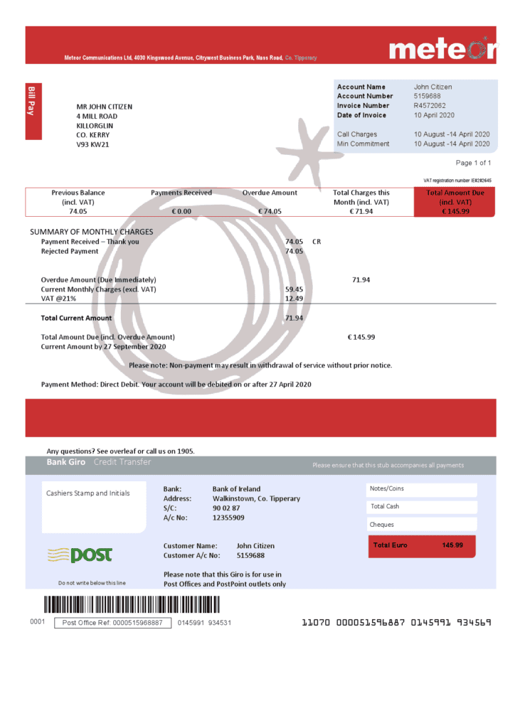 Ireland Meteor Utility Bill Template In Word And PDF Format