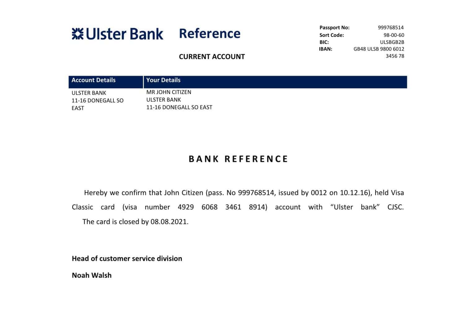 Download Ireland Ulster Bank Reference Letter Templates | Editable Word