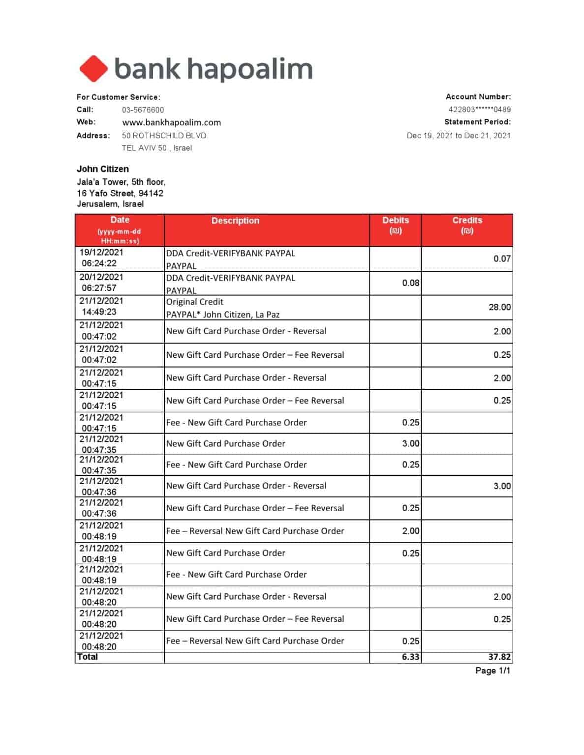 Israel Bank Hapoalim Bank Statement Easy To Fill Template In .xls And ...