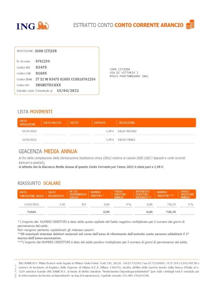 Italy ING Bank Statement Word And PDF Template, 2 Pages