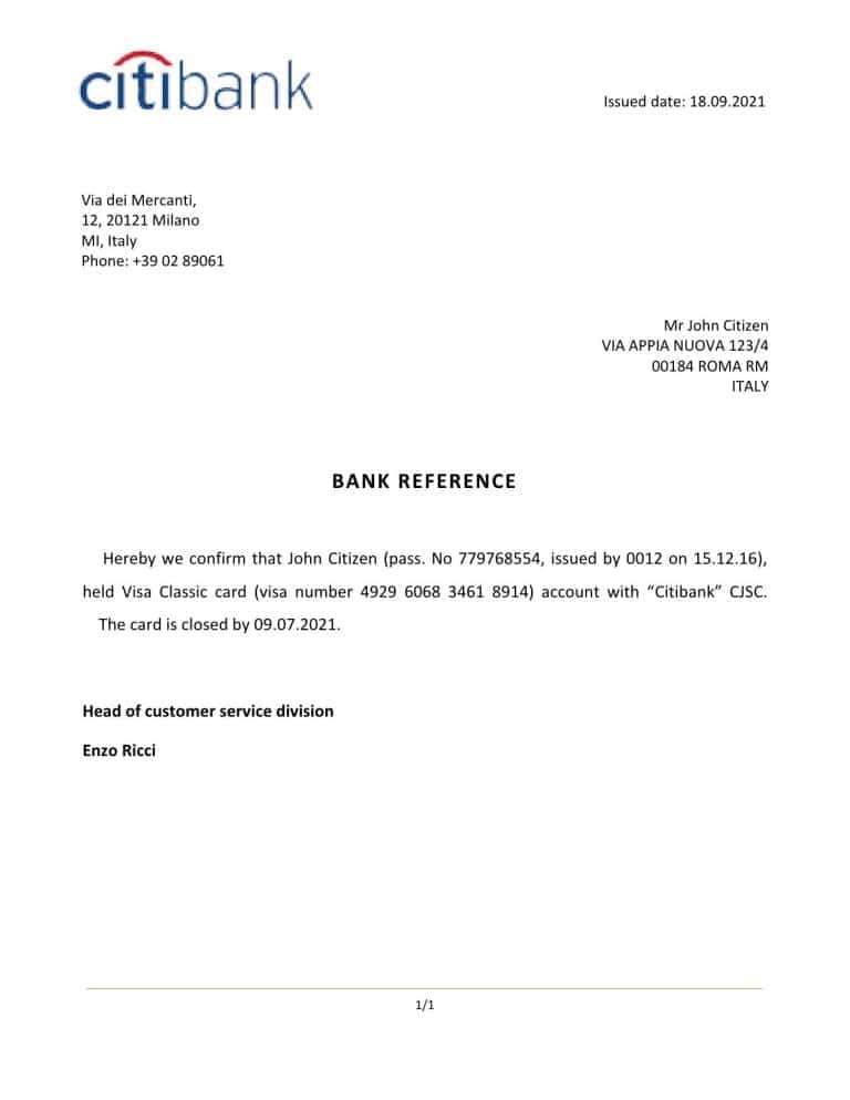Download Italy Citibank Bank Reference Letter Templates
