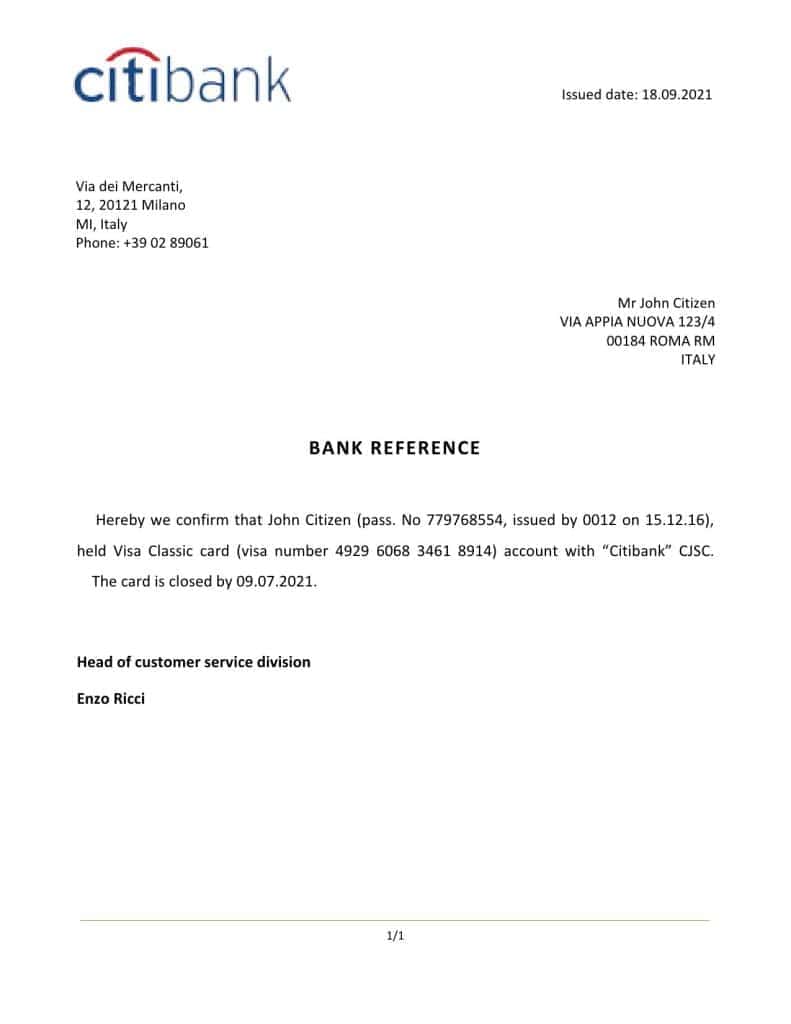 Download Italy Citibank Bank Reference Letter Templates | Editable Word