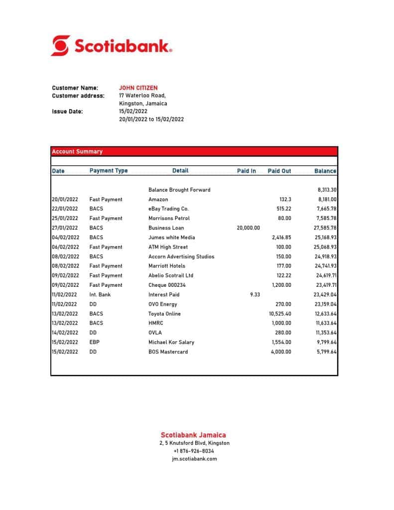 Jamaica Scotiabank Bank Statement Excel And PDF Template | Mr. Verify