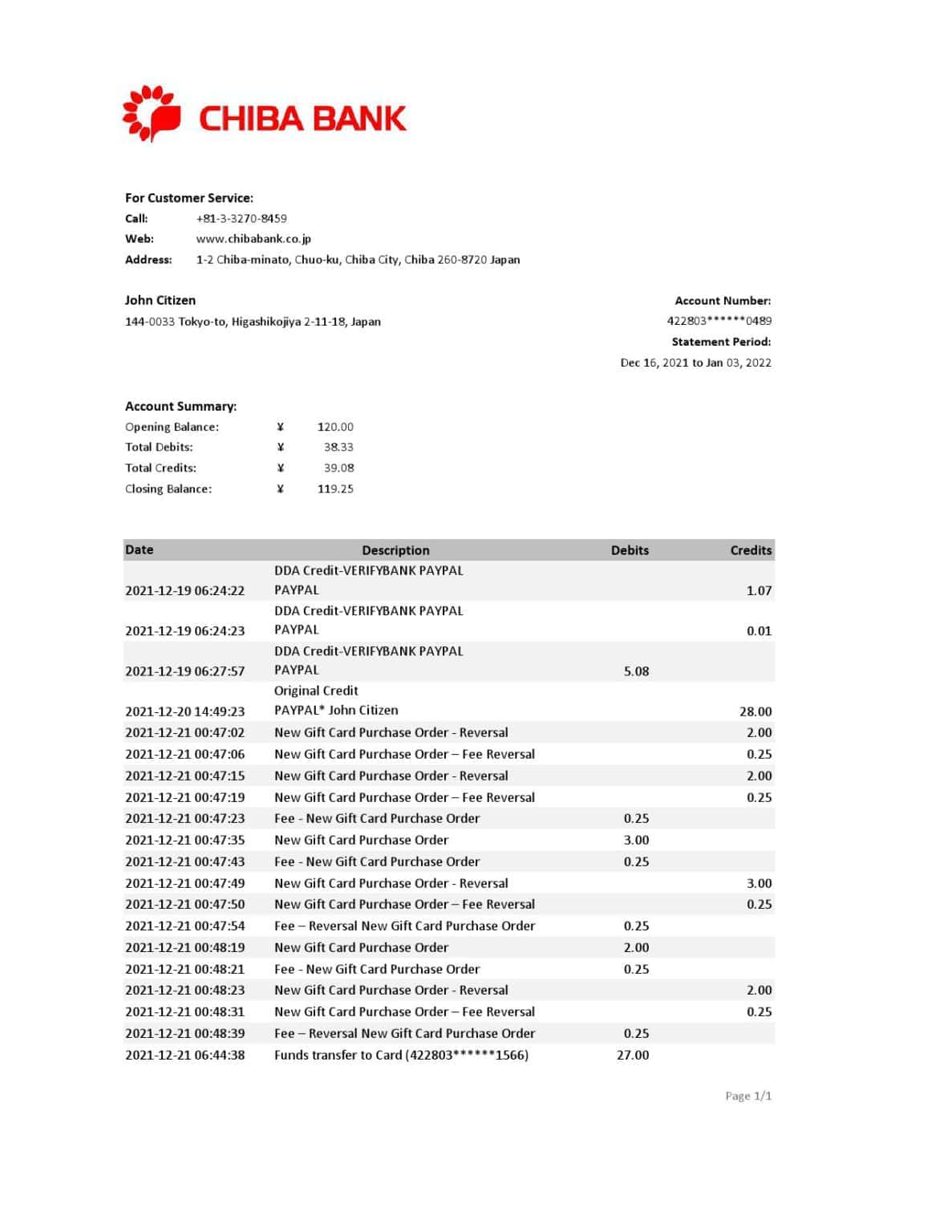 Japan Chiba Bank Statement Excel And PDF Template