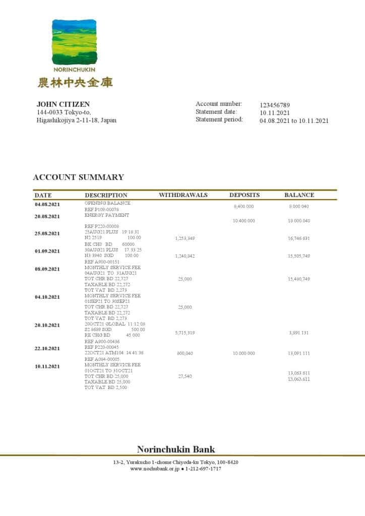 Japan Norinchukin Bank Statement Template In Word And PDF Format