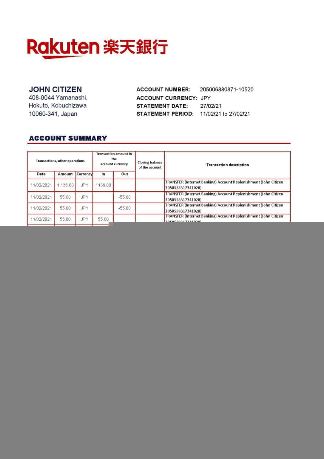 Japan Rakuten Bank Statement Template In Excel And PDF Format