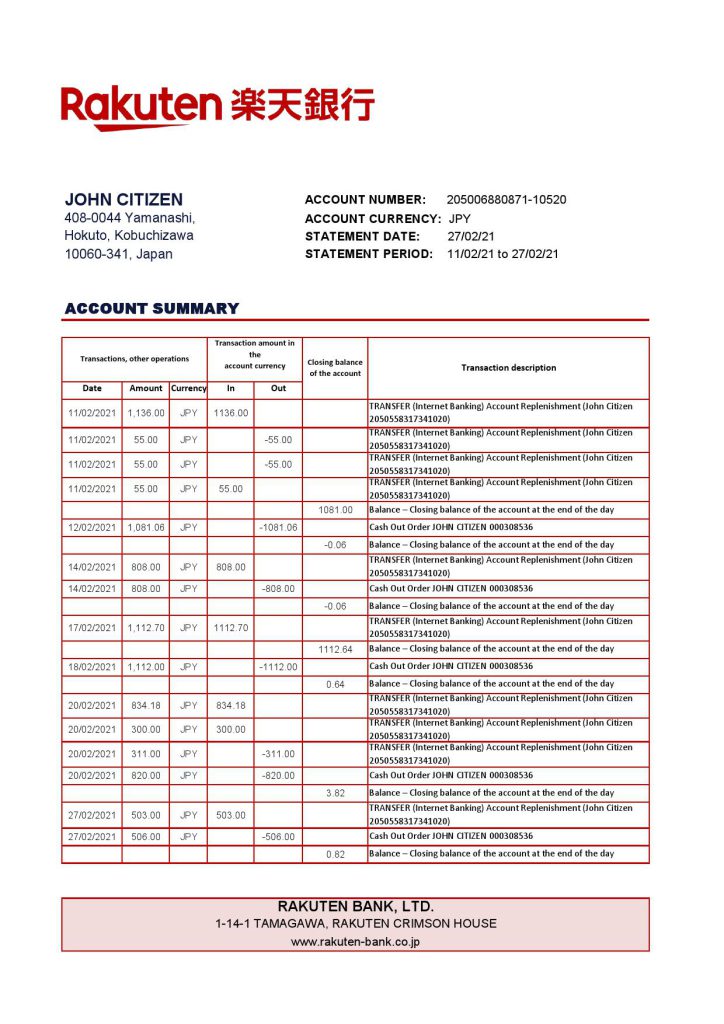 Japan Rakuten Bank Statement Template In Excel And PDF Format