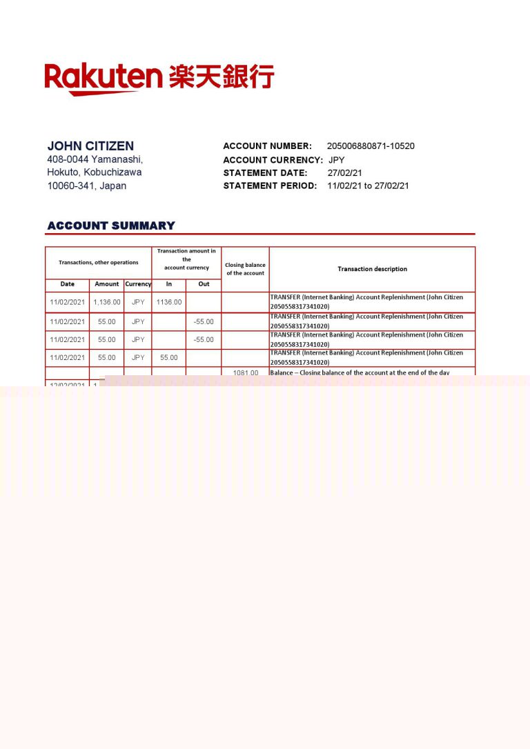 Japan Rakuten Bank Statement Template In Excel And PDF Format