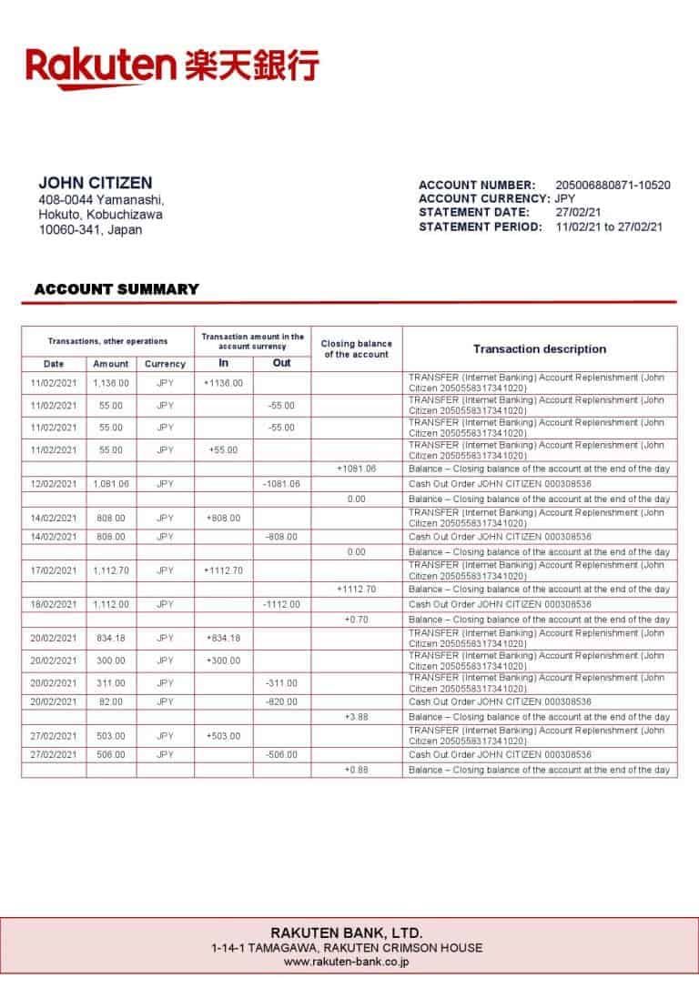 Japan Rakuten Bank Statement Template In Word And PDF Format