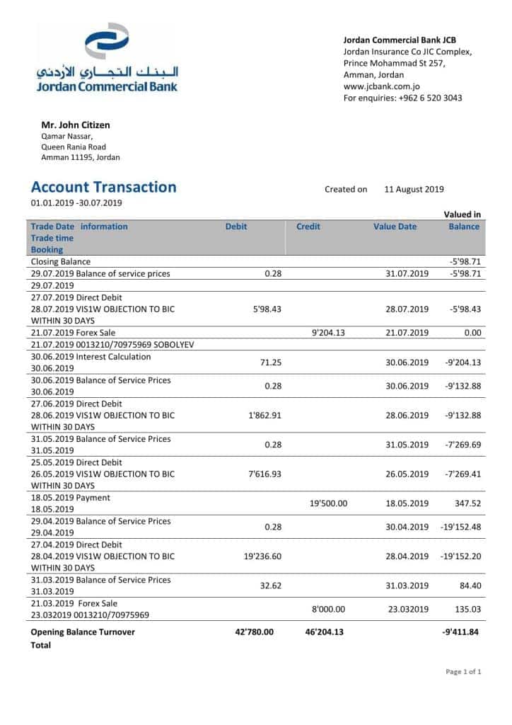 Jordan Commercial Bank Statement Easy To Fill Template In Word And PDF ...