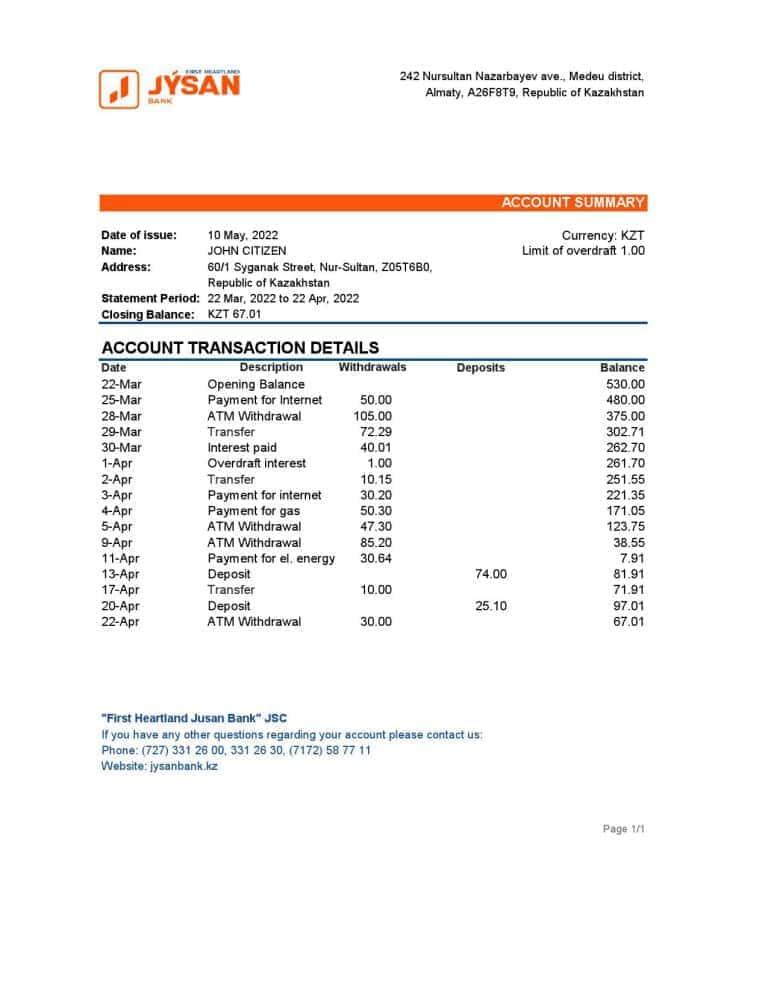 Kazakhstan First Heartland Jusan Bank Statement Excel And PDF Template