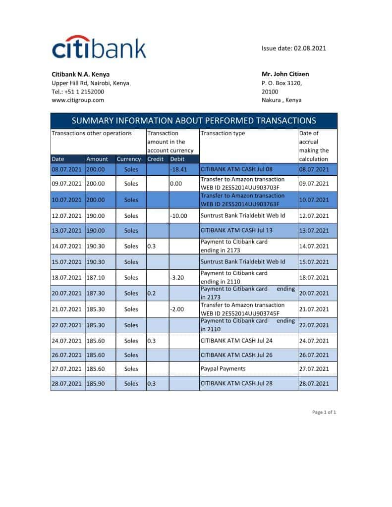 Kenya Citibank Bank Statement Easy To Fill Template In .xls And .pdf ...