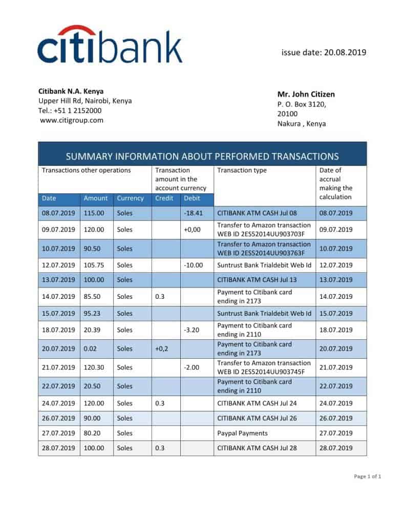 Kenya Citibank Bank Statement Template In Word And PDF Format
