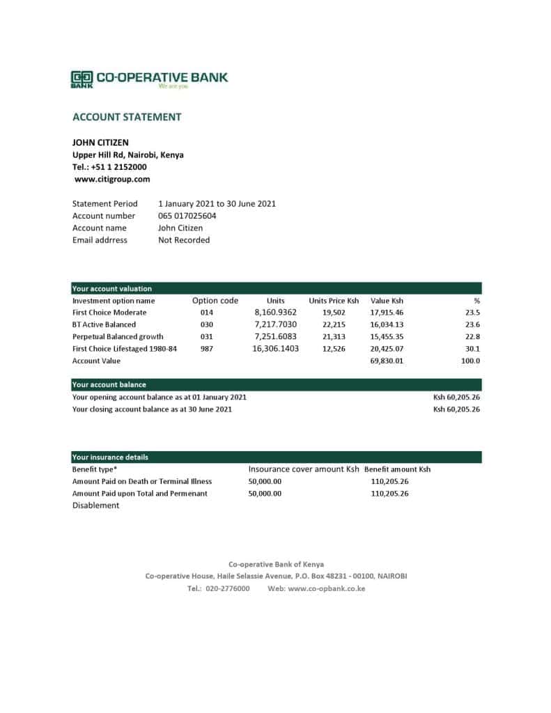 Kenya Co-operative Bank Of Kenya Bank Statement Easy To Fill Template In Excel And PDF Format