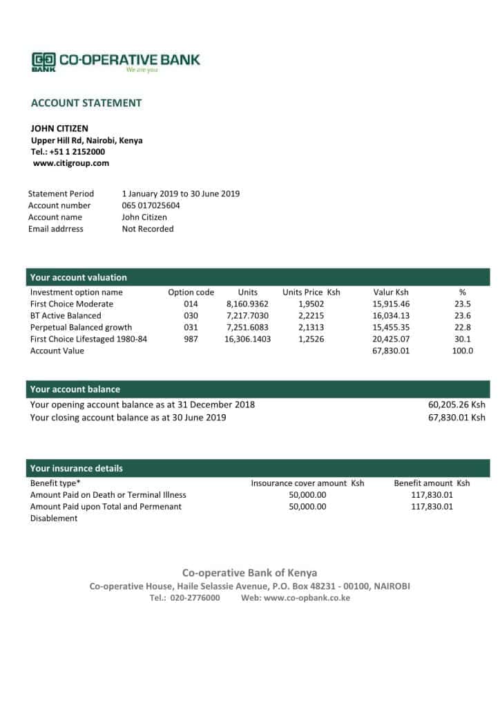 Kenya Co-Operative Bank Proof Of Address Statement Template In Word And ...