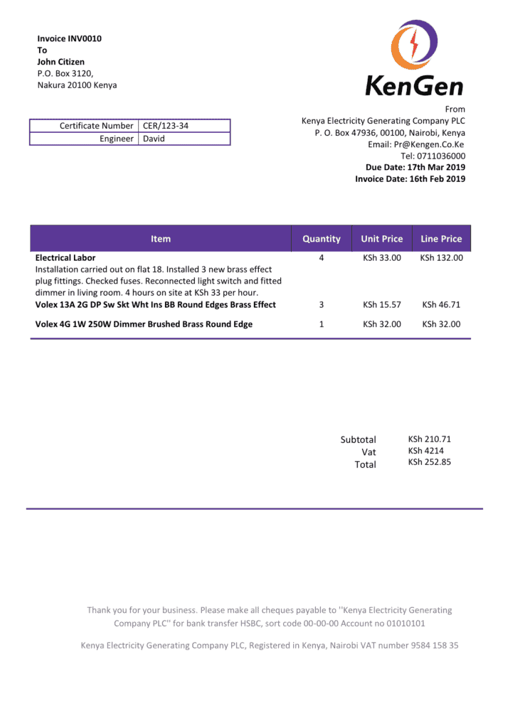Kenya KenGen Electricity Generating Company Utility Bill Template In ...
