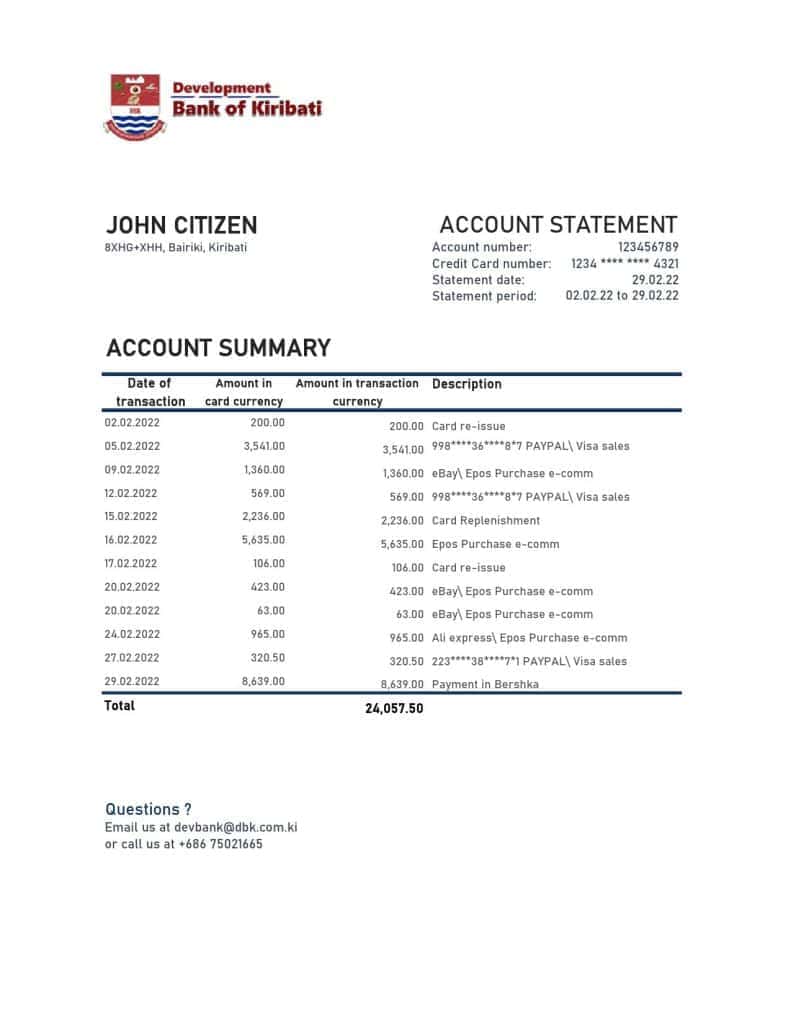 Kiribati Development Bank Of Kiribati Excel And PDF Template